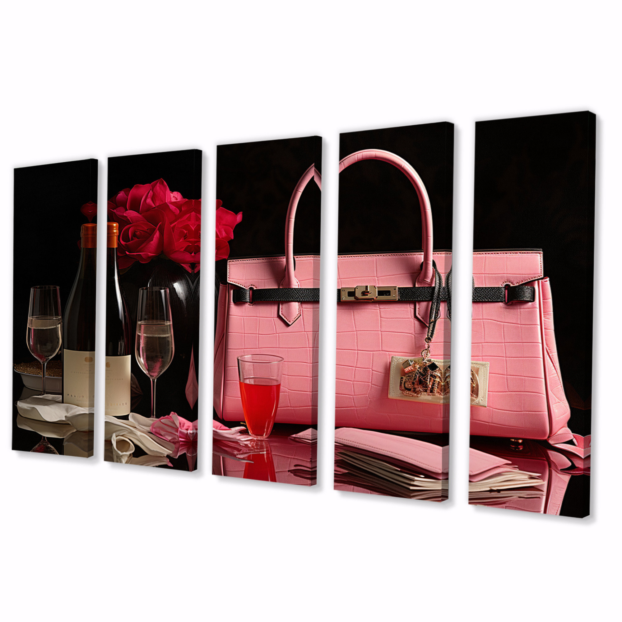 Design Art Pink Fashion Bag & Champagne V - Fashion Wall Art Living Room - 5 Equal Panels | Wayfair